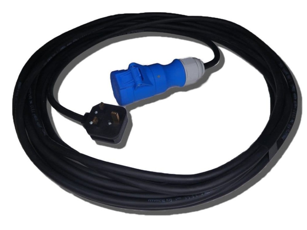12m 230v 13a plug-top to blue 16amp connector lead