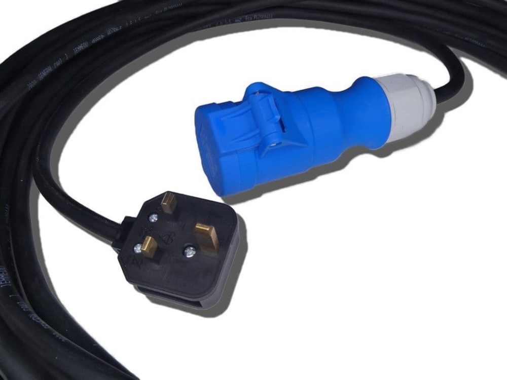 14m 230v 13a plug-top to blue 16amp connector lead