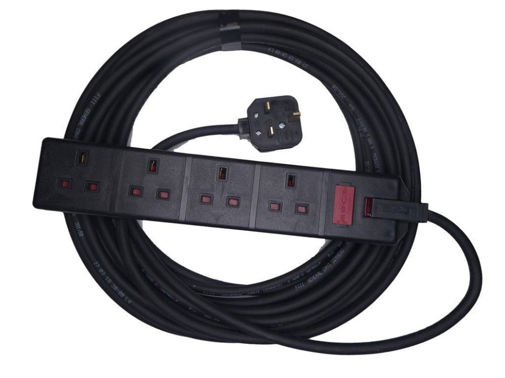 14m 4 gang socket heavy duty 13amp black extension lead