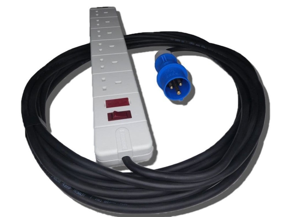 3m 230v 16amp blue plug to six way 13a trailing socket