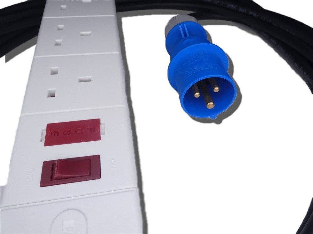 3m 230v 16amp blue plug to six way 13a trailing socket