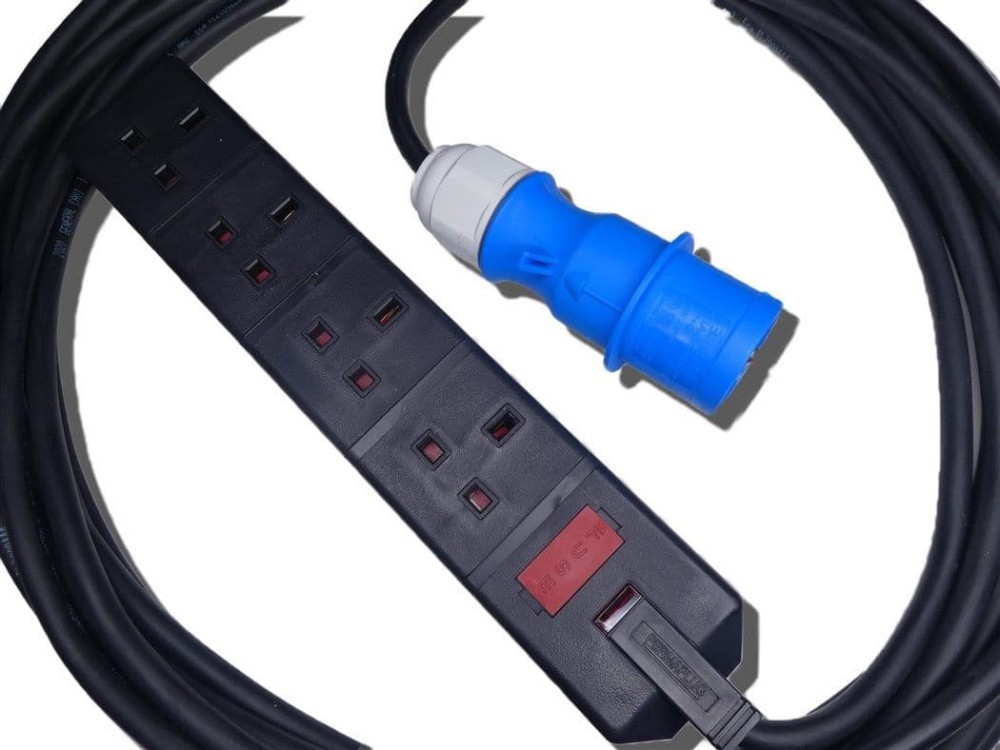 6m 230v 16a blue plug to 4 way 13a socket adaptor