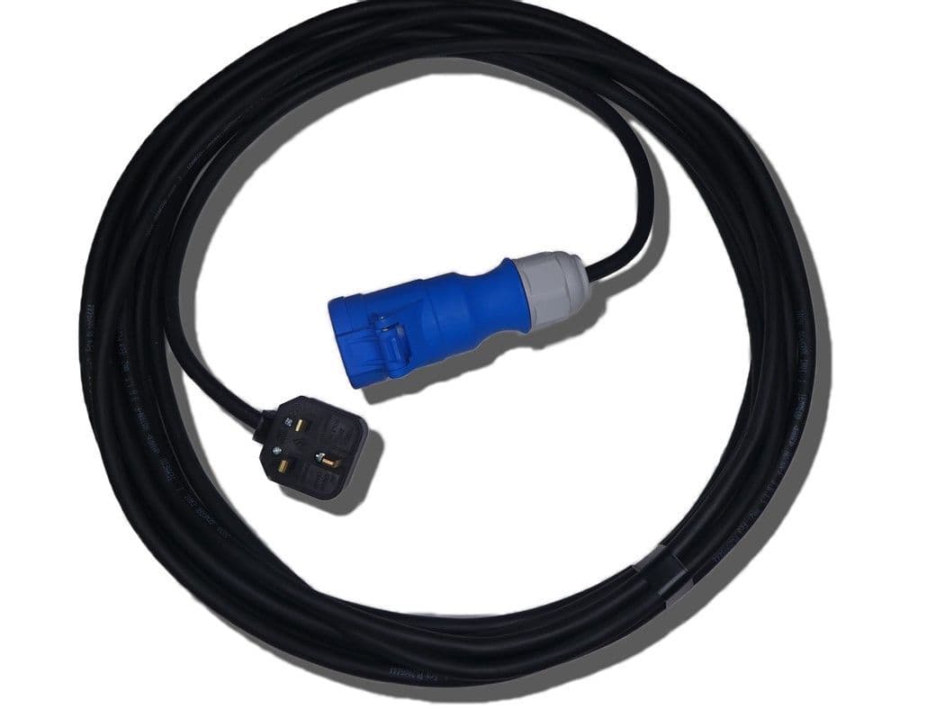 10m 230v 13a plug-top to blue 16amp connector lead