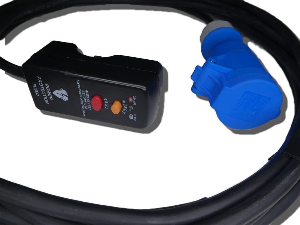 2m 230v 13a RCD plug to 16amp blue connector adaptor