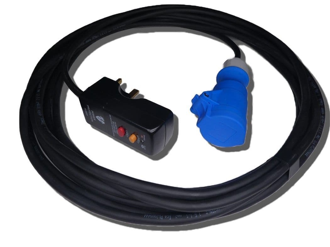 2m 230v 13a RCD plug to 16amp blue connector adaptor