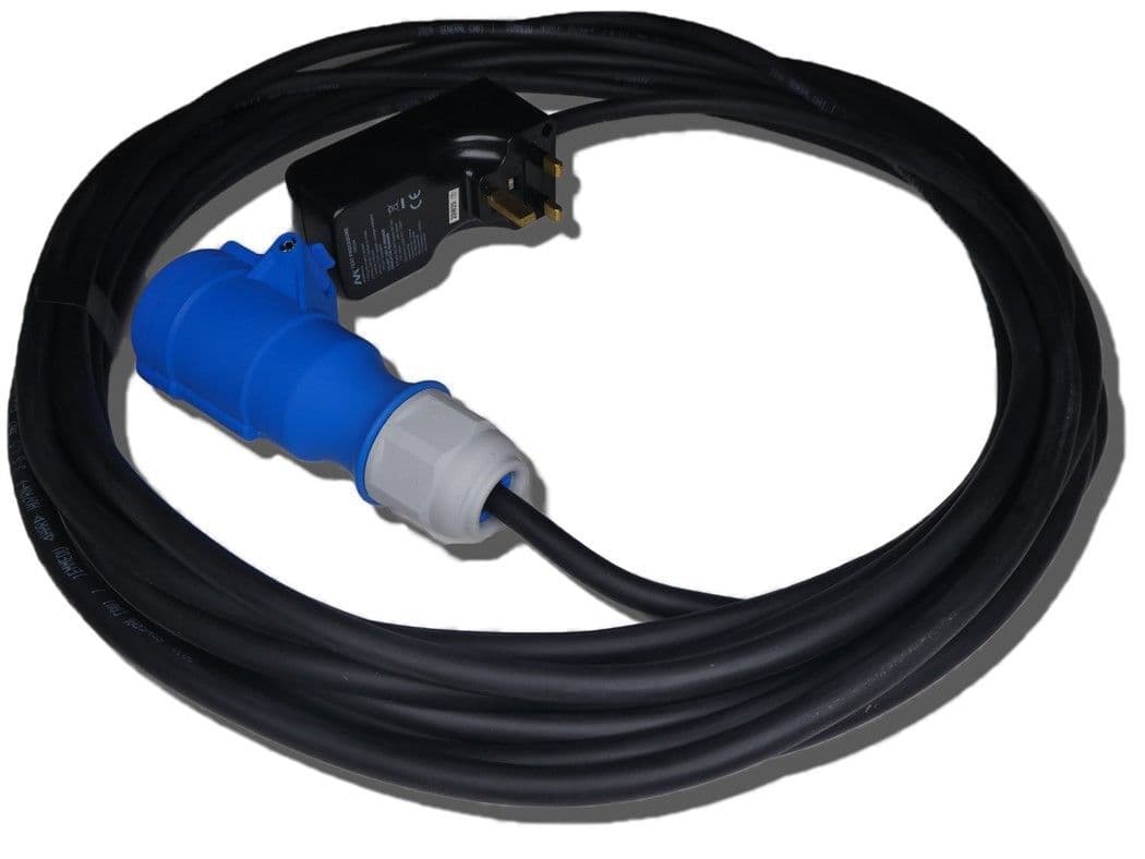 3m 230v 13a RCD plug to 16amp blue connector adaptor